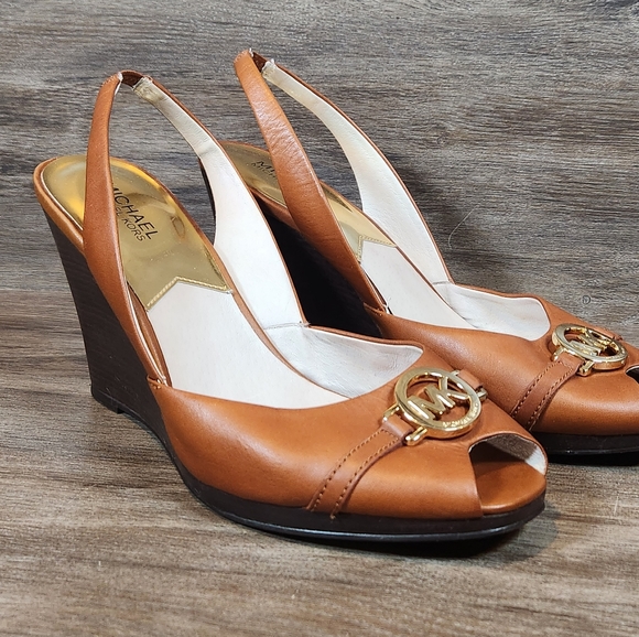 Michael Kors | Shoes | Michael Kors Sling Back Wedge Brown Leather Gold ...